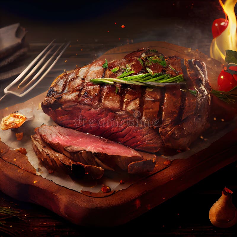 A Roast Beef on a Cutting Board with a Knife and Fork on the Side of it ...