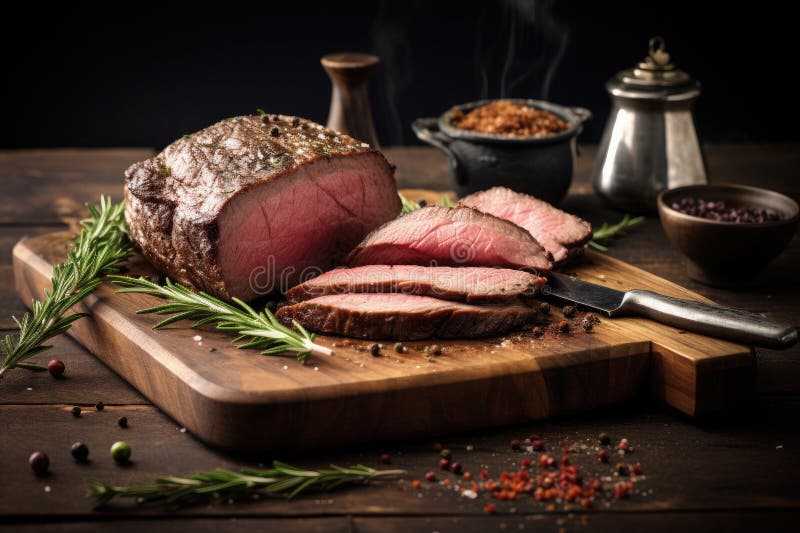 Roast Beef on Cutting Board with Pepper and Herbs and Wooden Table ...