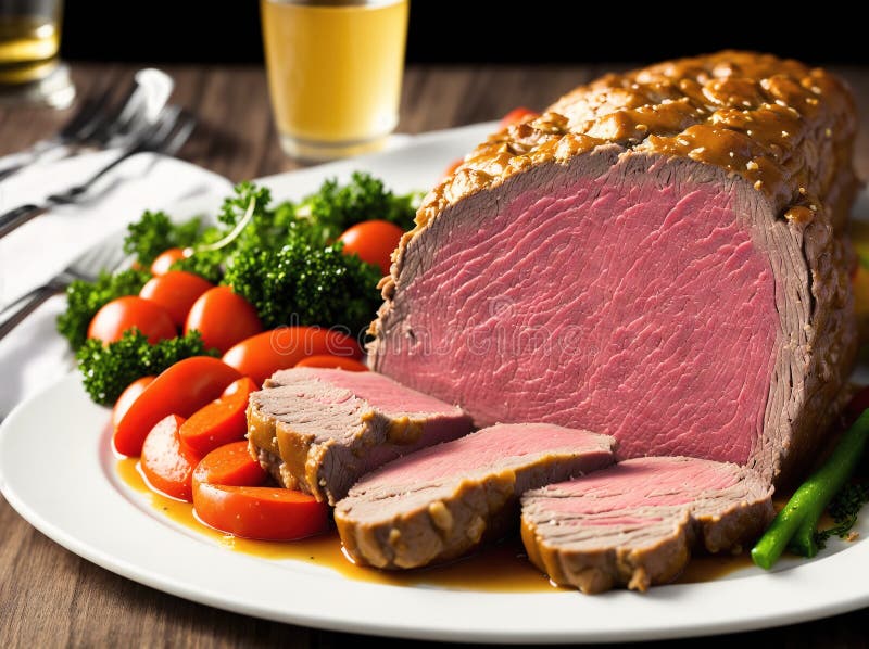 A Roast Beef with Mashed Potatoes and Vegetables on a Plate. Stock ...