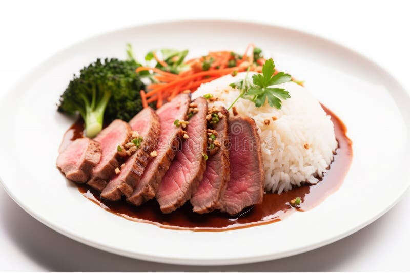 Roast Beef with Rice and Vegetables in White. AI Generated Stock ...