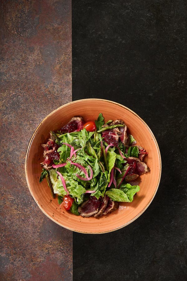 Roast Beef Salad with Red Onion, Rustic Lighting, Overhead Composition ...