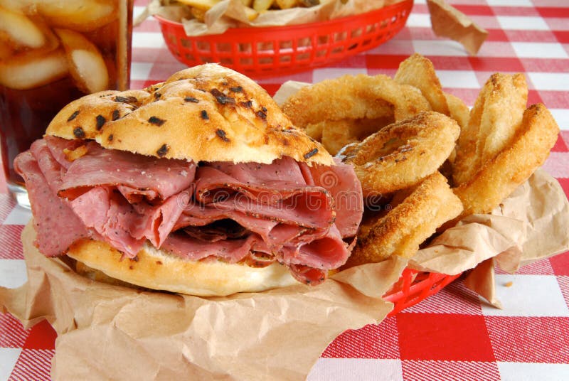 Roast Beef Sandwich and Onion Rings Stock Photo - Image of cola, drink ...