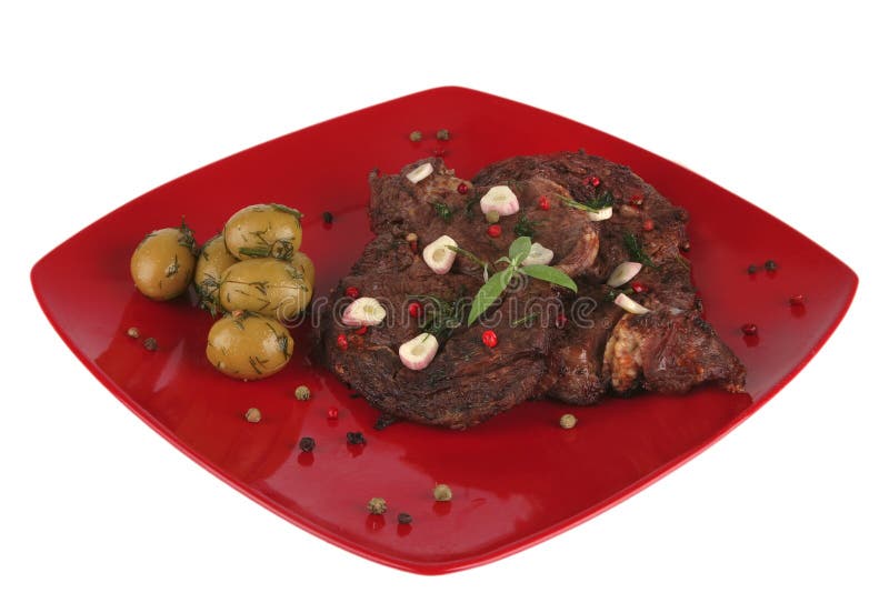 Roast Beef Slices on Red Dish Stock Photo - Image of juicy, dish: 11245708