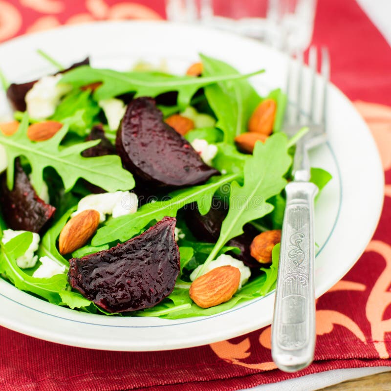 Roast Beet, Almond, Feta and Rocket Salad Stock Photo - Image of purple ...