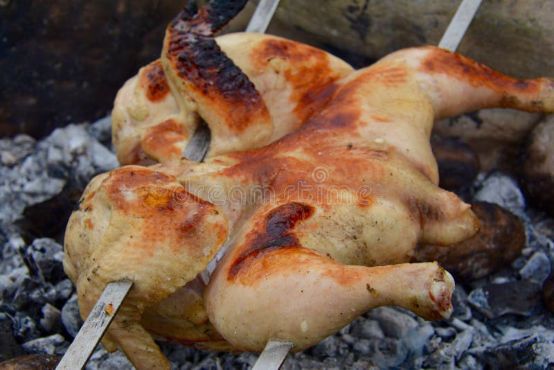 Roast Chicken on Coals, Baked Potato Stock Photo - Image of fuel ...