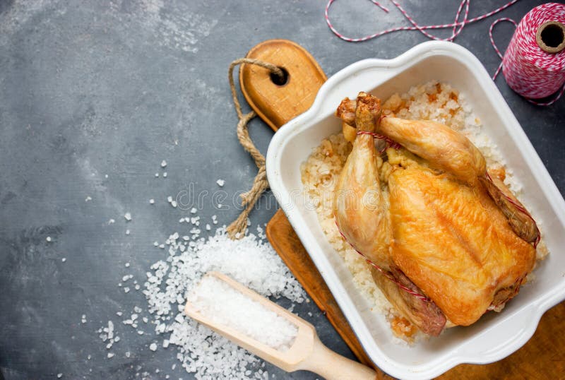 Roast Chicken with Crispy Skin Baked on Salt Stock Photo - Image of ...