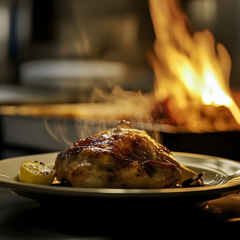 Roast Chicken Plate Flames Background Selective Focus Stock Photos ...
