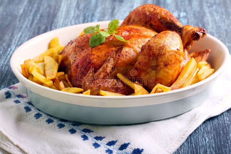Roast Chicken and Potato Chips Stock Image - Image of baked, dinner ...