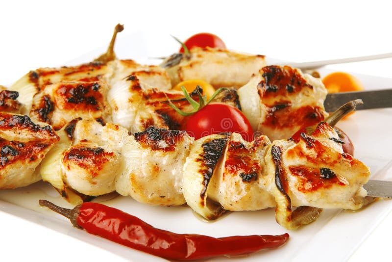 Roast Chicken Shish Kebab on White Stock Photo - Image of shish, fried ...