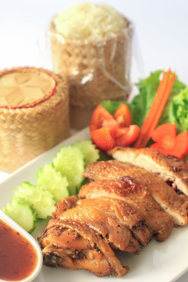 Roast Chicken with Steamed Glutinous Rice Isolated on White Background ...