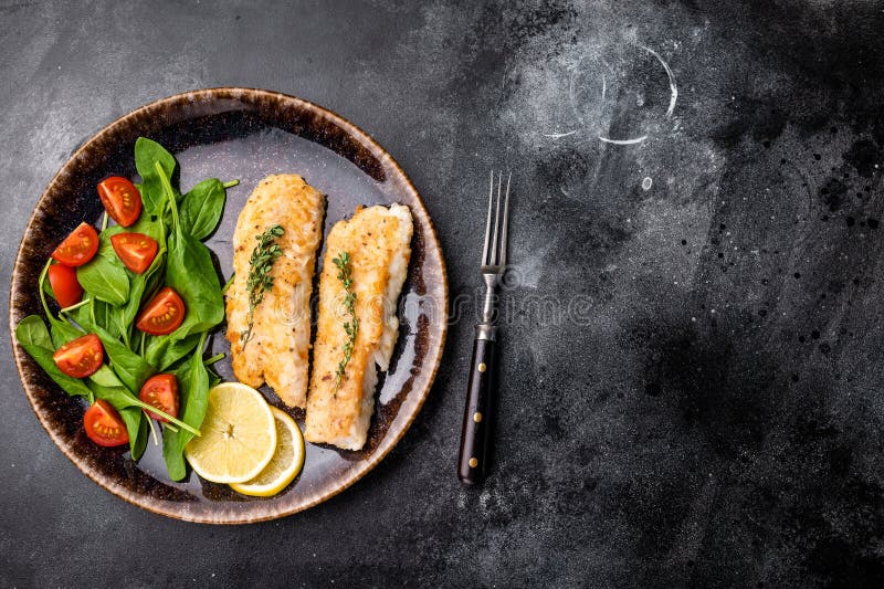 Roast Cod Fish Fiilets, White Fish Meat on Plate with Salad. Black ...