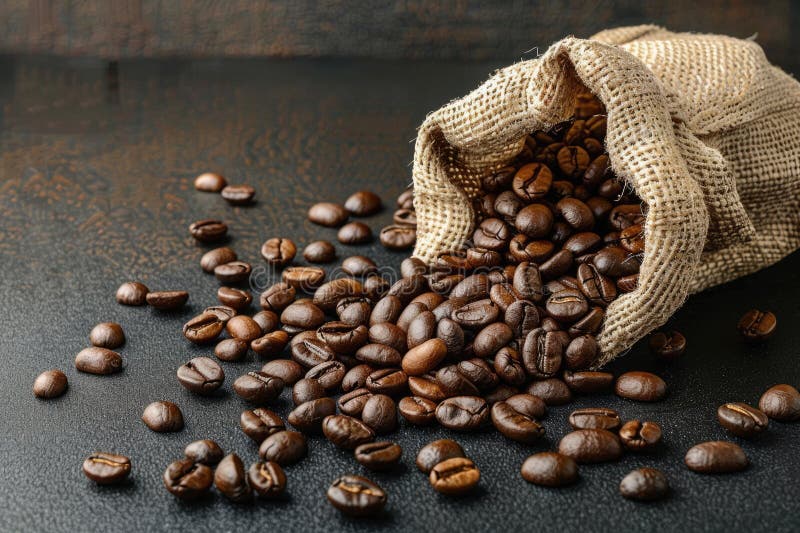 Roast Coffee Beans Spilled Out of a Burlap Sack Onto a Black Table on ...