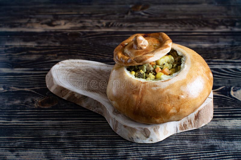 Roast in a Dough Pot Close-up on a Wooden Stand Stock Photo - Image of ...