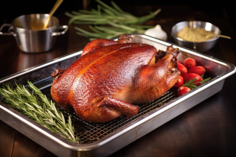 Roast Duck with Garlic and Rosemary on Metal Tray Stock Image - Image ...