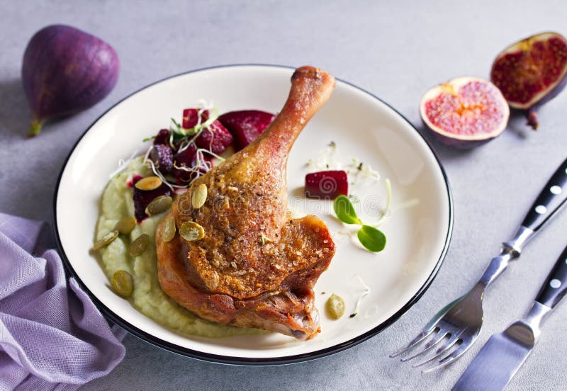 Roast Duck Leg with Mashed Green Vegetables, Beetroot, and Pumpkin ...