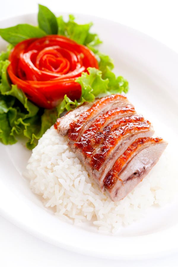 Roast Duck Over Rice and Vegetables Stock Image - Image of delicious ...