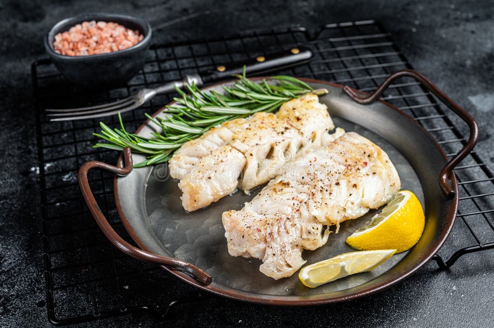 Roast Fillets of Codfish, Cooked Cod Fish Meat. Black Background Stock ...