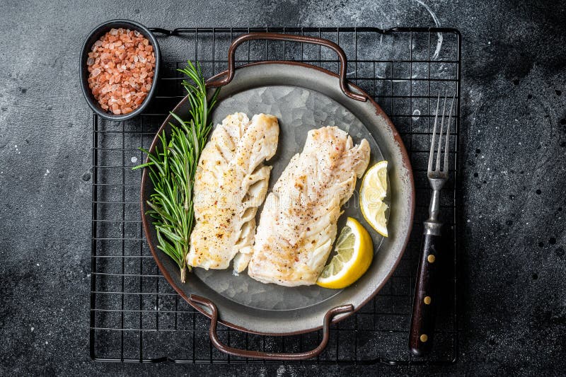 Roast Fillets of Codfish, Cooked Cod Fish Meat. Black Background Stock ...