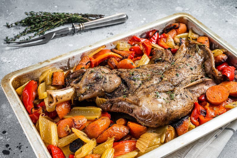Roast Lamb Mutton Shoulder Meat in a Baking Dish with Vegetables. Gray ...