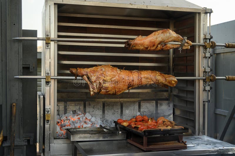 Roast Lamb Roasted on a Special Grill Over Embers Stock Photo - Image ...