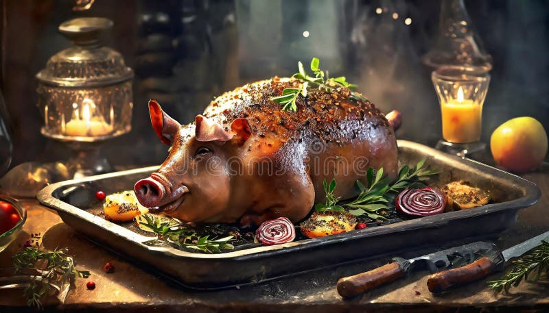 Roast Pig on a Baking Sheet with Oranges Stock Illustration ...