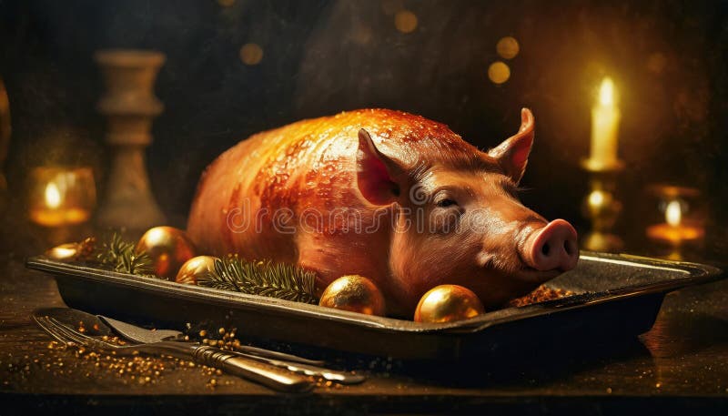 Roast Pig on a Baking Sheet with Oranges Stock Illustration ...