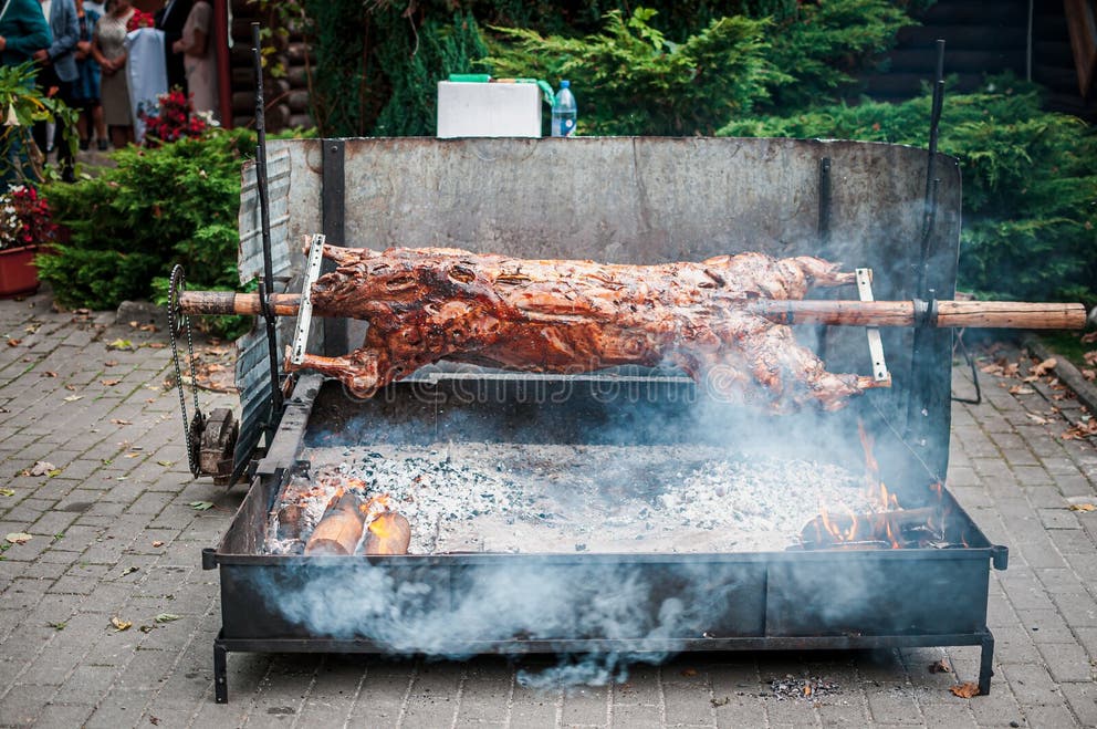 Roast Pig Spinning on a Grill Surrounded by Smoke and Greenery Stock ...