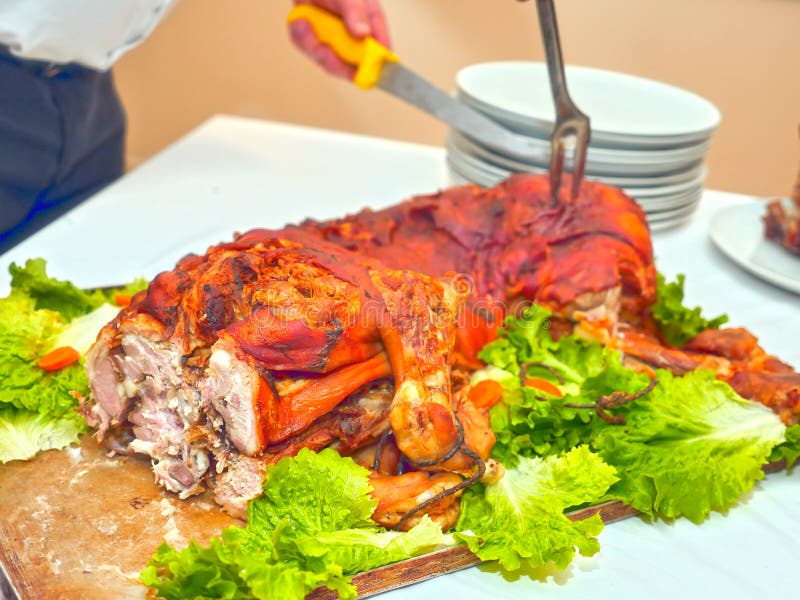 Roast pig on table, macro stock image. Image of barbecue - 204517609