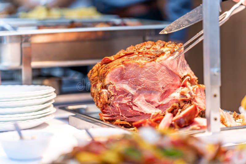 Roast Pork Ham on a Catering Table Stock Photo - Image of culinary ...