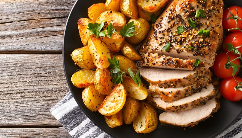 Roast Pork with Herbs and Vegetables on Rustic Wooden Table Stock Image ...