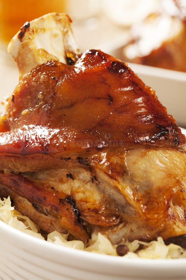 Roast Pork Knuckle Served with Boiled Cabbage, Bread, Horseradish and ...