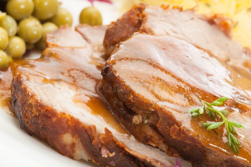 Roast pork with sauce stock image. Image of roast, brown - 36159089