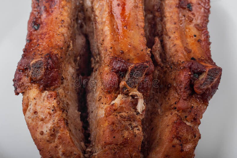 Roast Pork on a White Plate on a Gray Background Stock Image - Image of ...