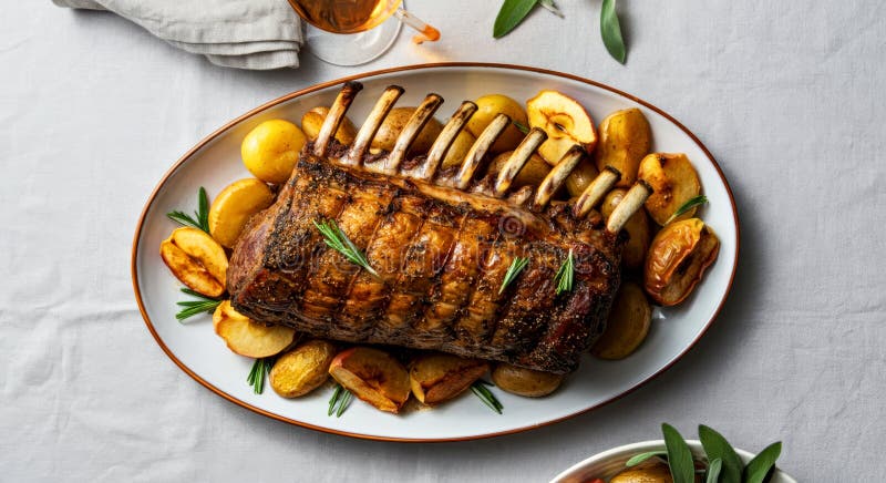 Roast Rack of Lamb with Potatoes and Herbs on Elegant Dinner Table ...