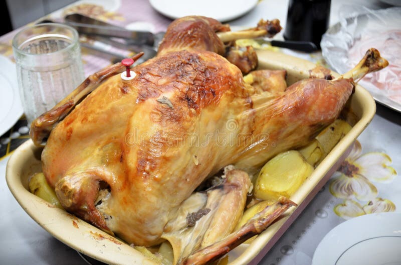 A Roast Turkey with Potatoes on the Table Stock Photo - Image of ready ...