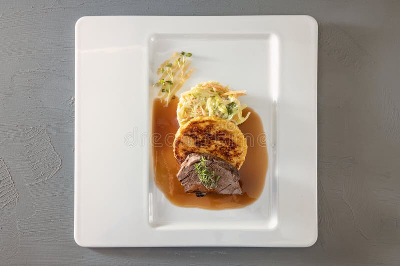 Roast Venison Meat, Fried Bread Dumpling and Ro Cabbage Vegetable with ...