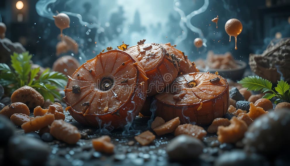 Roasted Apple Slices Display with Decorations and Falling Sauce Stock ...