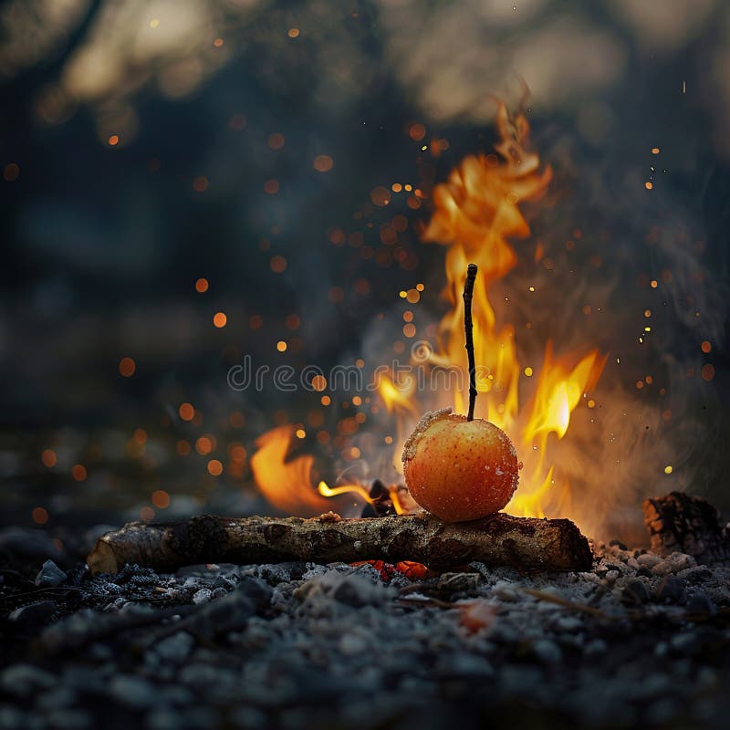 Roasted Apple on a Stick Over Campfire Flames Stock Illustration ...