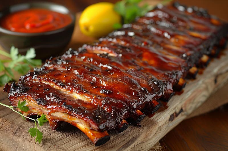 Roasted Barbecue Ribs on Wooden Board Stock Illustration - Illustration ...