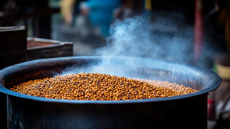 Roasted Beans Steaming in a Black Pot Stock Illustration - Illustration ...