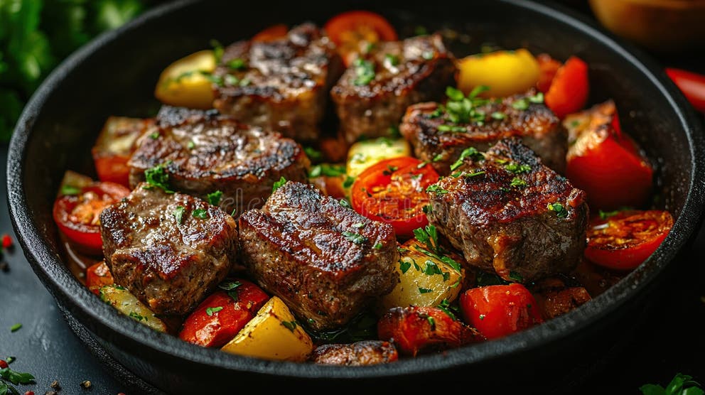Roasted Beef Cubes with Potatoes and Tomatoes Stock Illustration ...