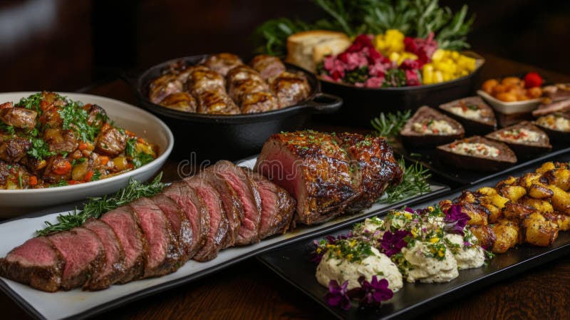 Roasted Beef Slices with Various Gourmet Side Dishes Stock Illustration ...