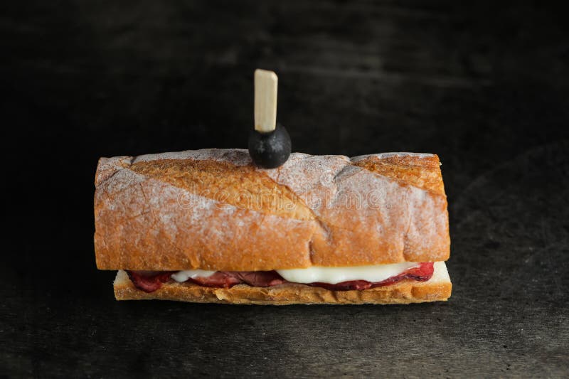 Roasted Beef Sub Sandwich Isolated on Dark Background Side View of ...
