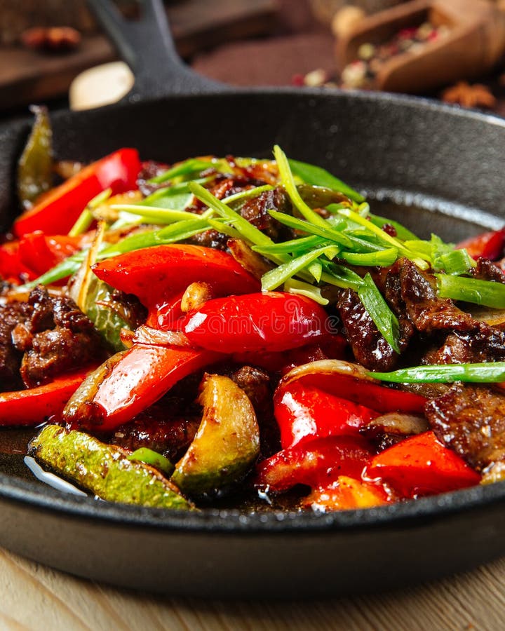 Roasted Beef with Vegetables in Cast Iron Pan Stock Photo - Image of ...