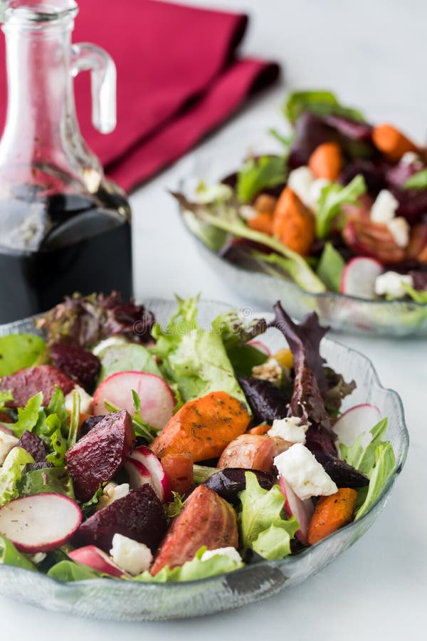 Roasted Beet and Carrot Salad Served with Balsamic Dressing, Ready for ...