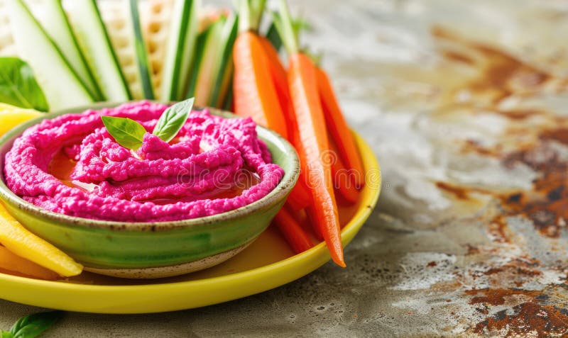 Roasted Beet Hummus with Vegetable Sticks on a Pastel Yellow Plate ...