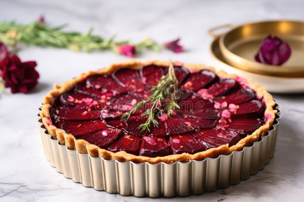 Roasted Beet Tart in a Silver Tart Pan on a Marble Counter Stock Photo ...