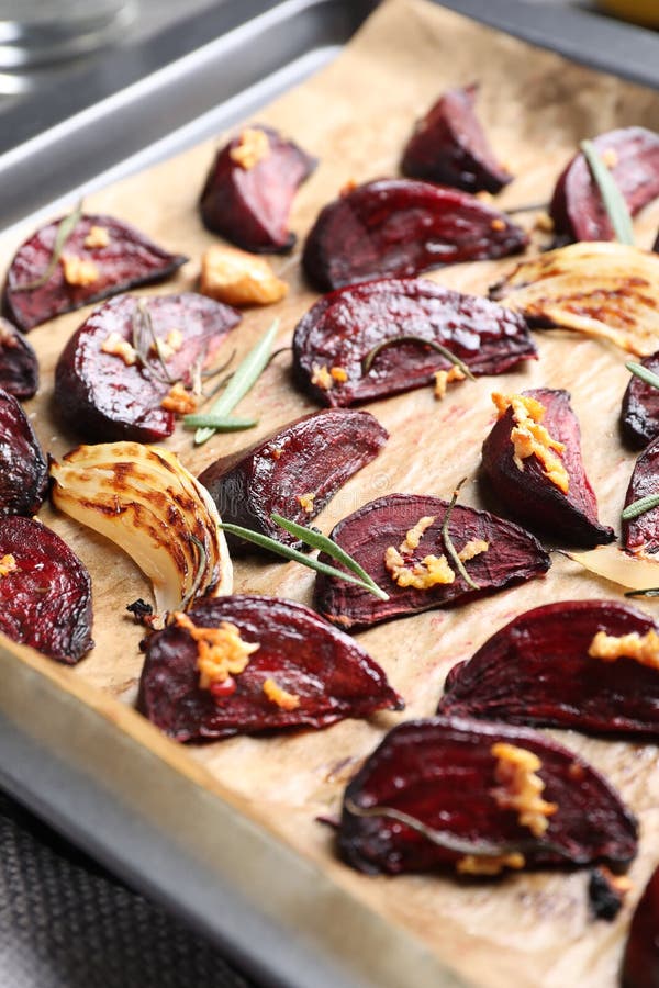 Roasted Beetroot Slices in Baking Dish Stock Photo - Image of organic ...