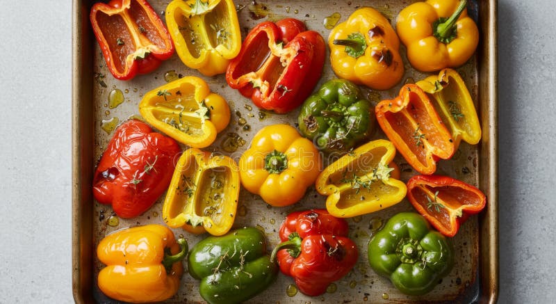 Roasted Bell Peppers on Baking Sheet Stock Illustration - Illustration ...
