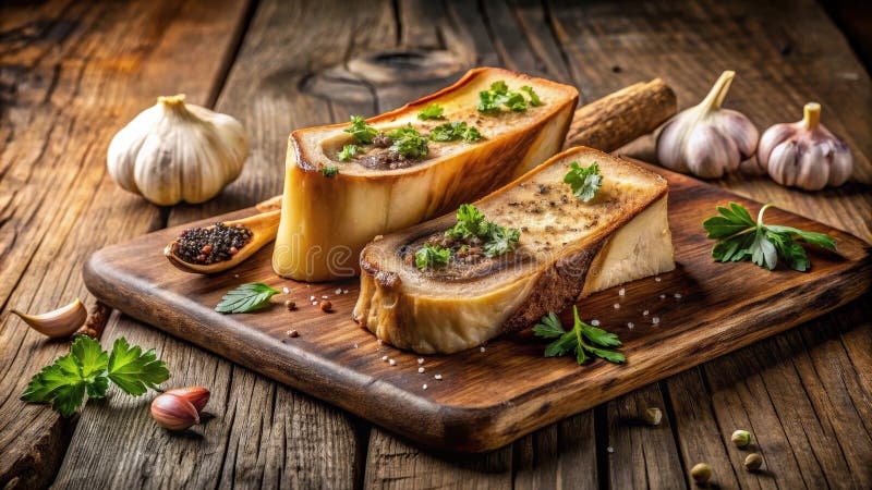Roasted Bone Marrow Garnish with Herbs and Spices on Rustic Wooden ...
